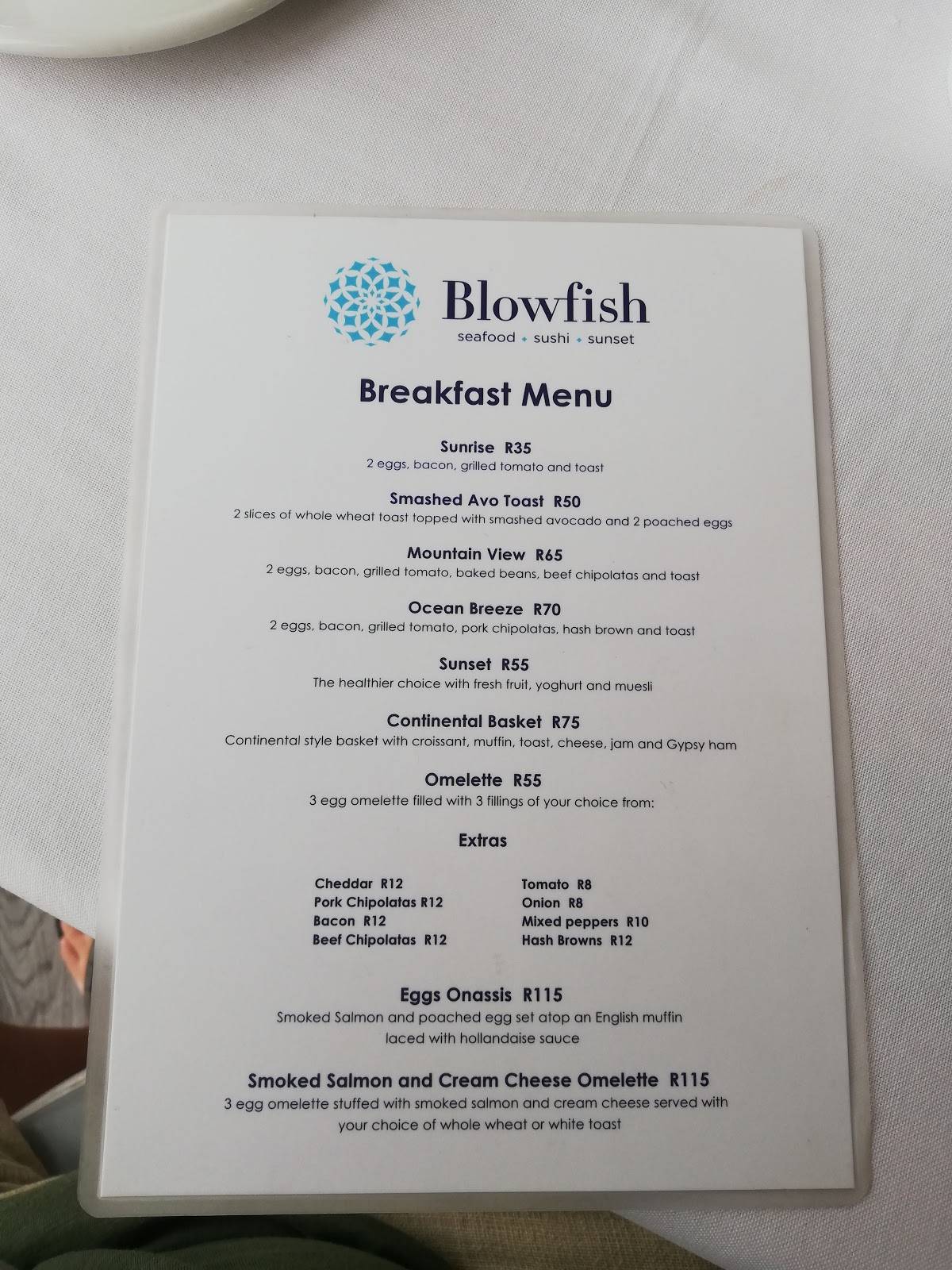 Menu at Blowfish Restaurant, Cape Town, 1 Marine Dr