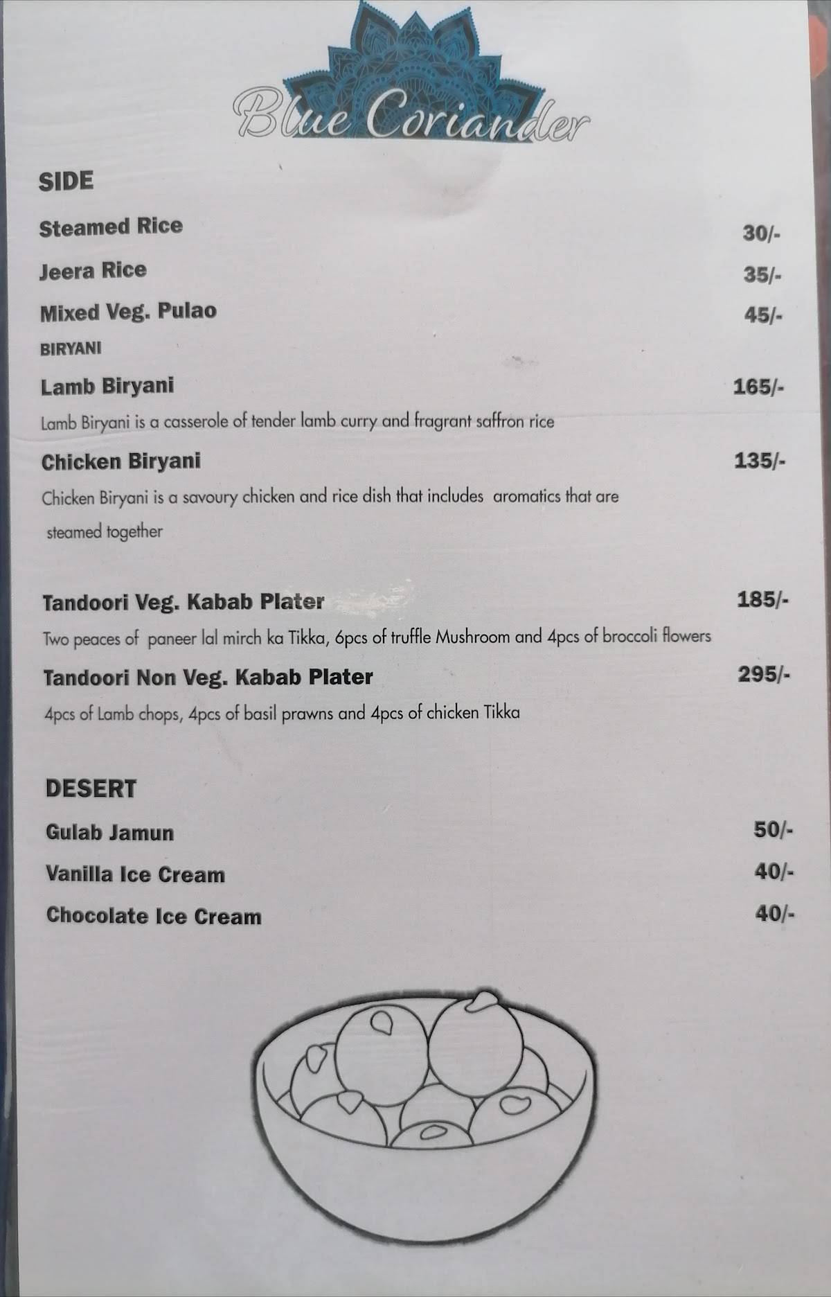 Menu at Blue Coriander restaurant, Stellenbosch