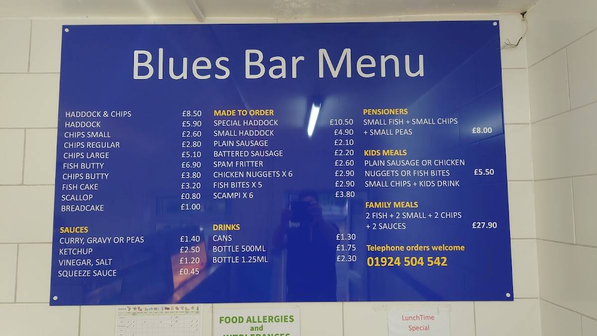 Menu at Blues Fish Bar, Liversedge, 387 Norristhorpe Ln