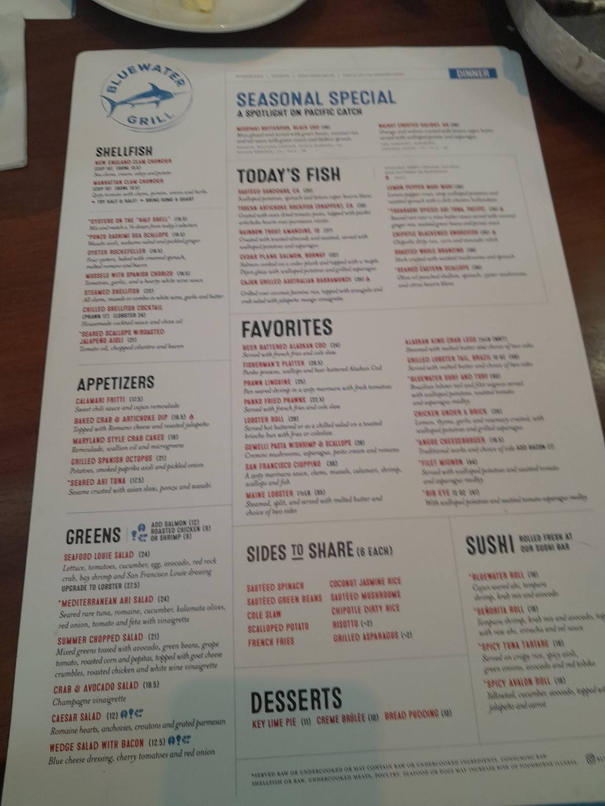 Menu at Bluewater Grill restaurant, Phoenix, E Bethany Home Rd