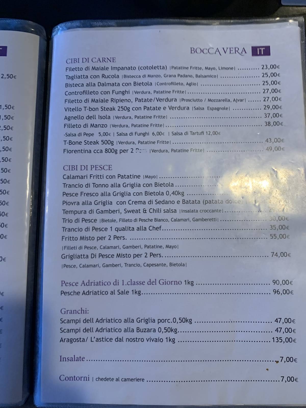 Menu at Bocca Vera restaurant, Mali Losinj