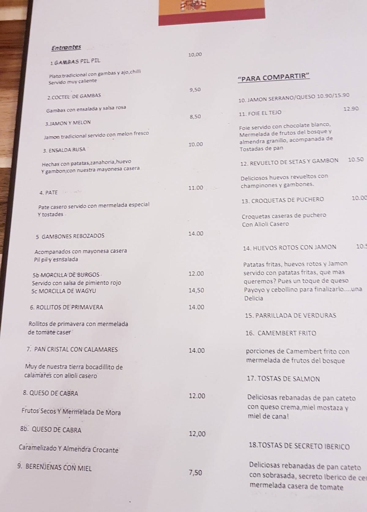 Carta del restaurante Bodeguita el Tejo, Mijas