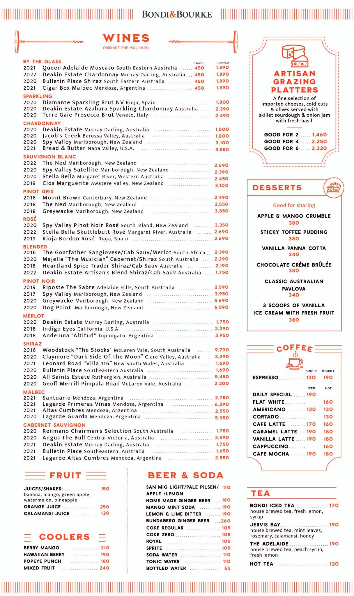Menu at Bondi&Bourke Davao restaurant, Davao City