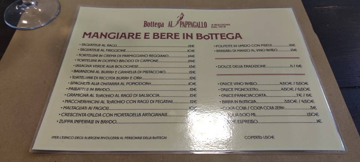 Speisekarte von Bottega AL PAPPAGALLO a Bologna dal 1919 restaurant ...