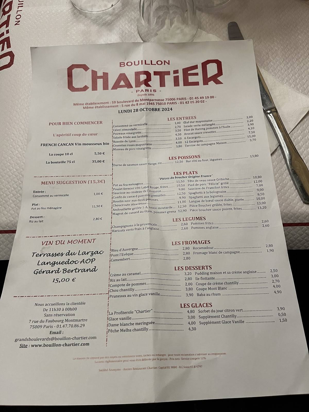 Menu au Bouillon Chartier Grands Boulevards restaurant, Paris, 7 Rue du ...