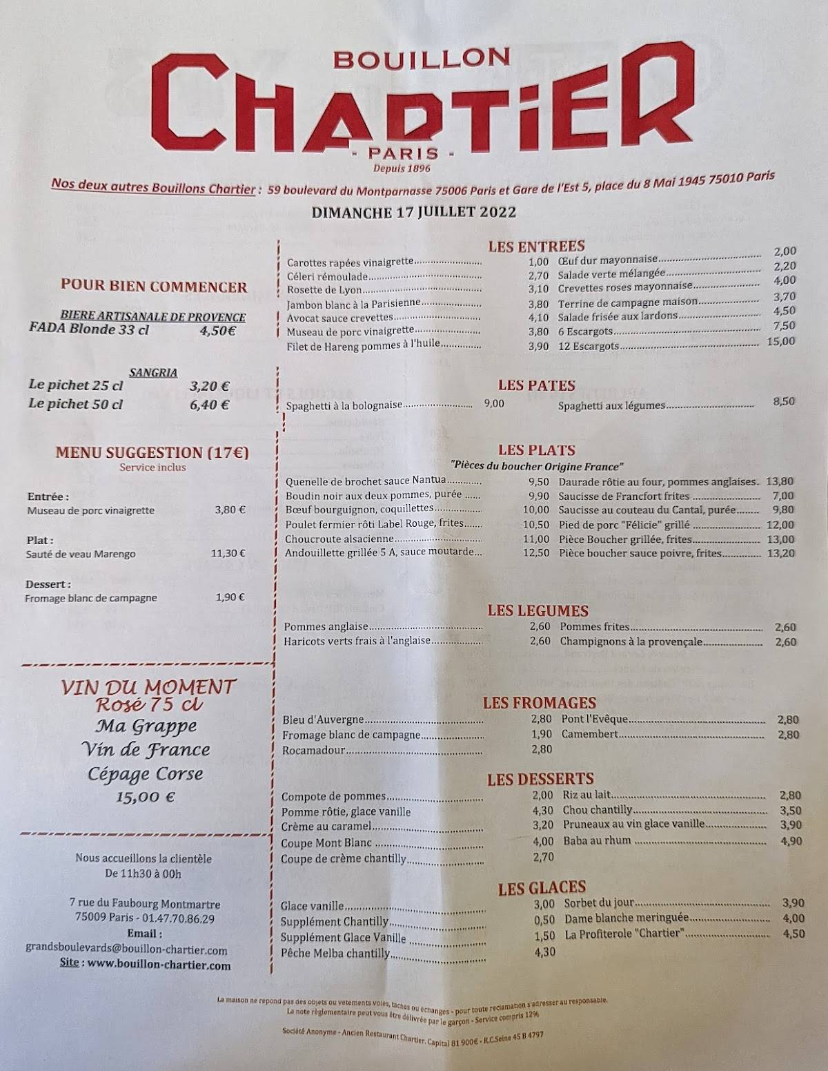 Menu at Bouillon Chartier Grands Boulevards restaurant, Paris, 7 Rue du ...