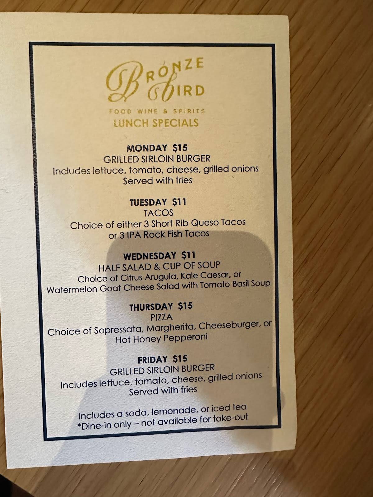 Menu at Bronze Bird restaurant, San Diego