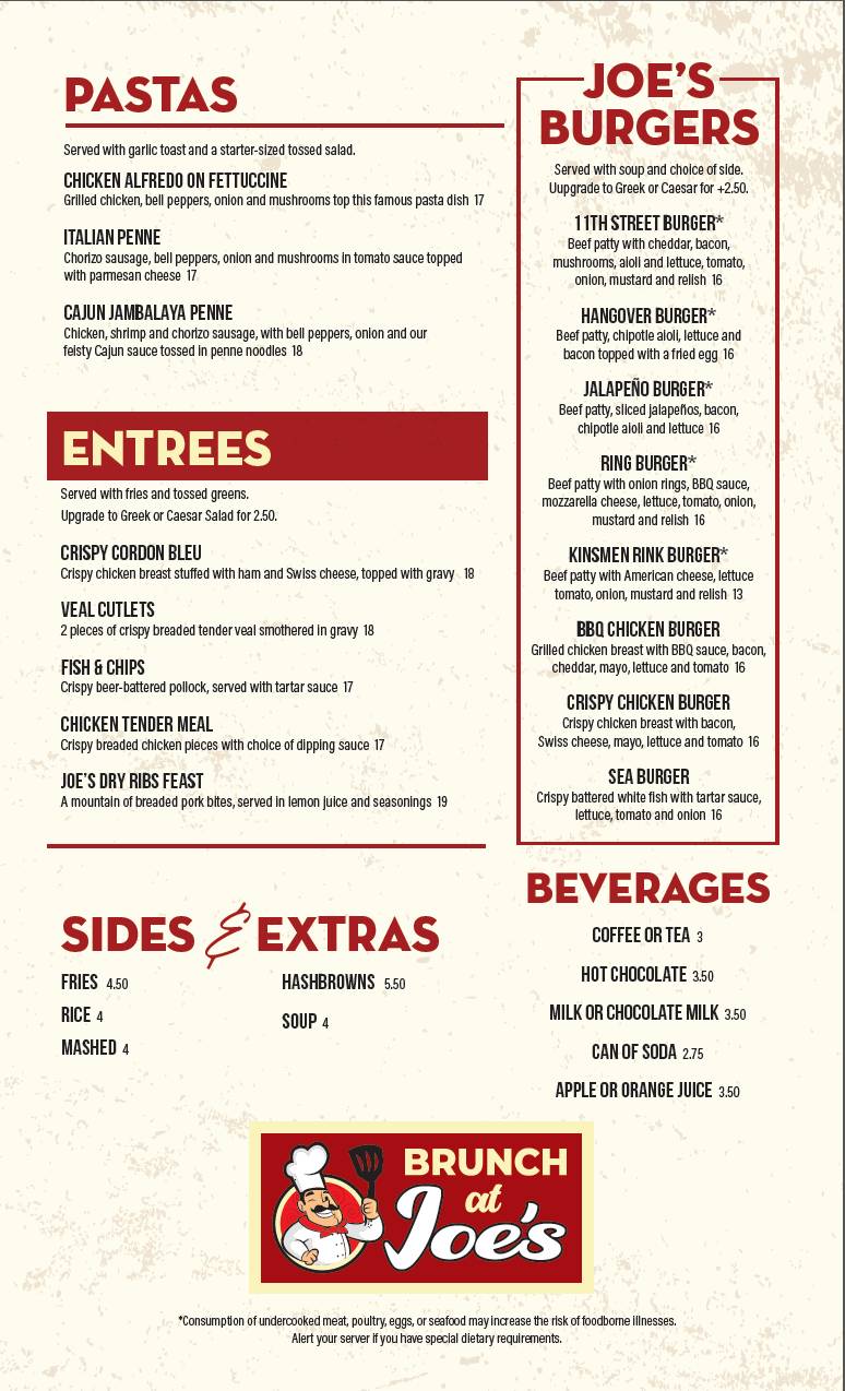 Menu at Brunch at Joe's restaurant, Saskatoon