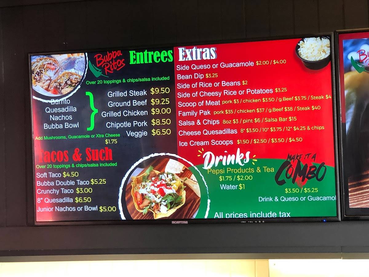 Menu at Bubba Ritos restaurant, Boaz, US-431