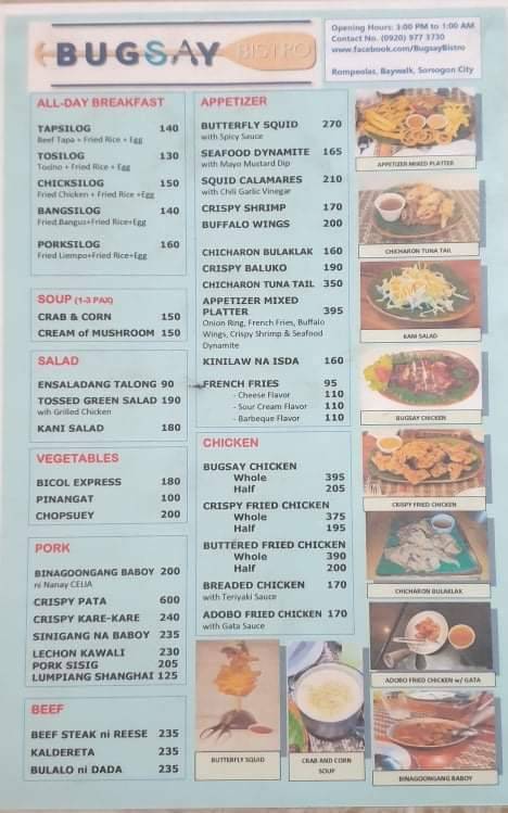 Menu at Bugsay Bistro restaurant, Sorsogon City