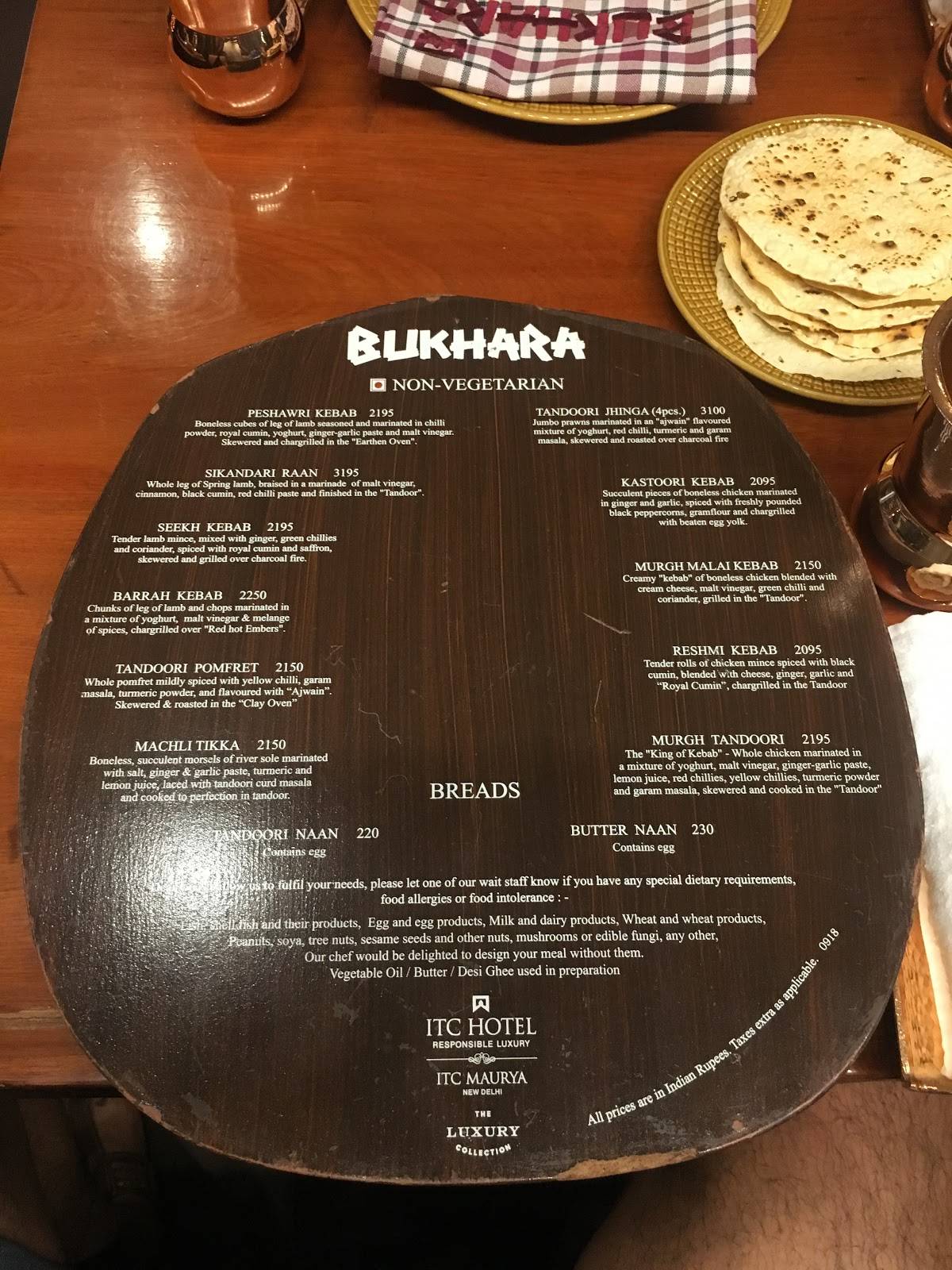 Menu at Bukhara, New Delhi, ITC MAURYA