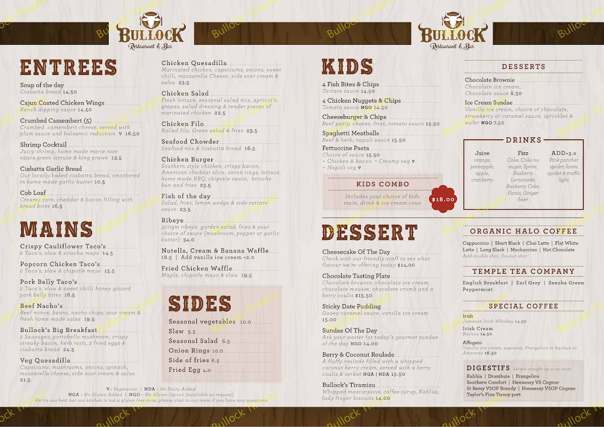 Menu at Bullock Restaurant & Bar, Timaru