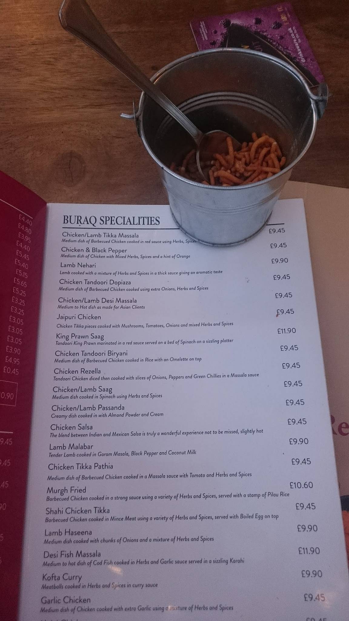 Menu at Buraq Indian Restaurant, Freckleton