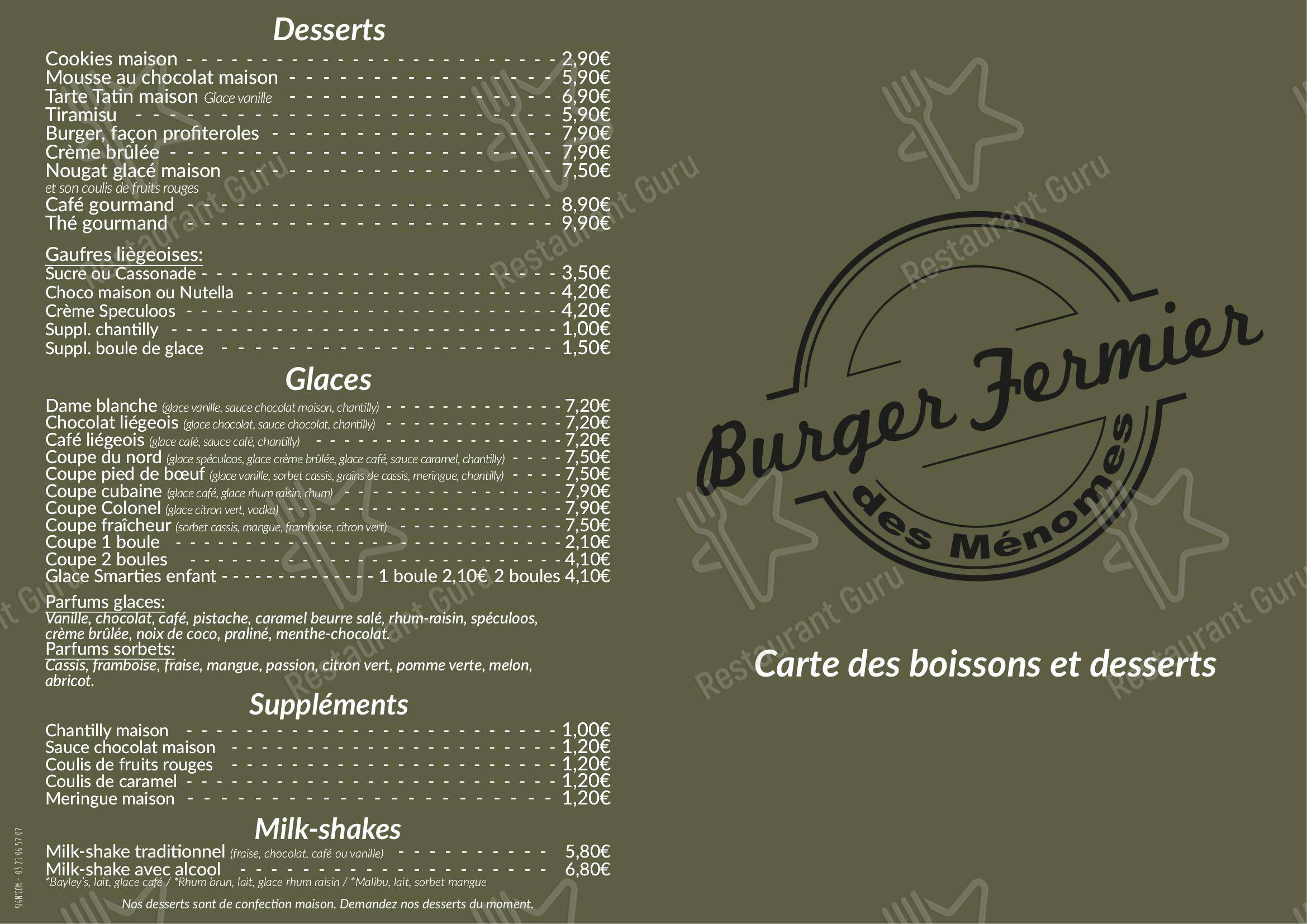 Menu au Burger Fermier Des Ménomes restaurant, Merlimont