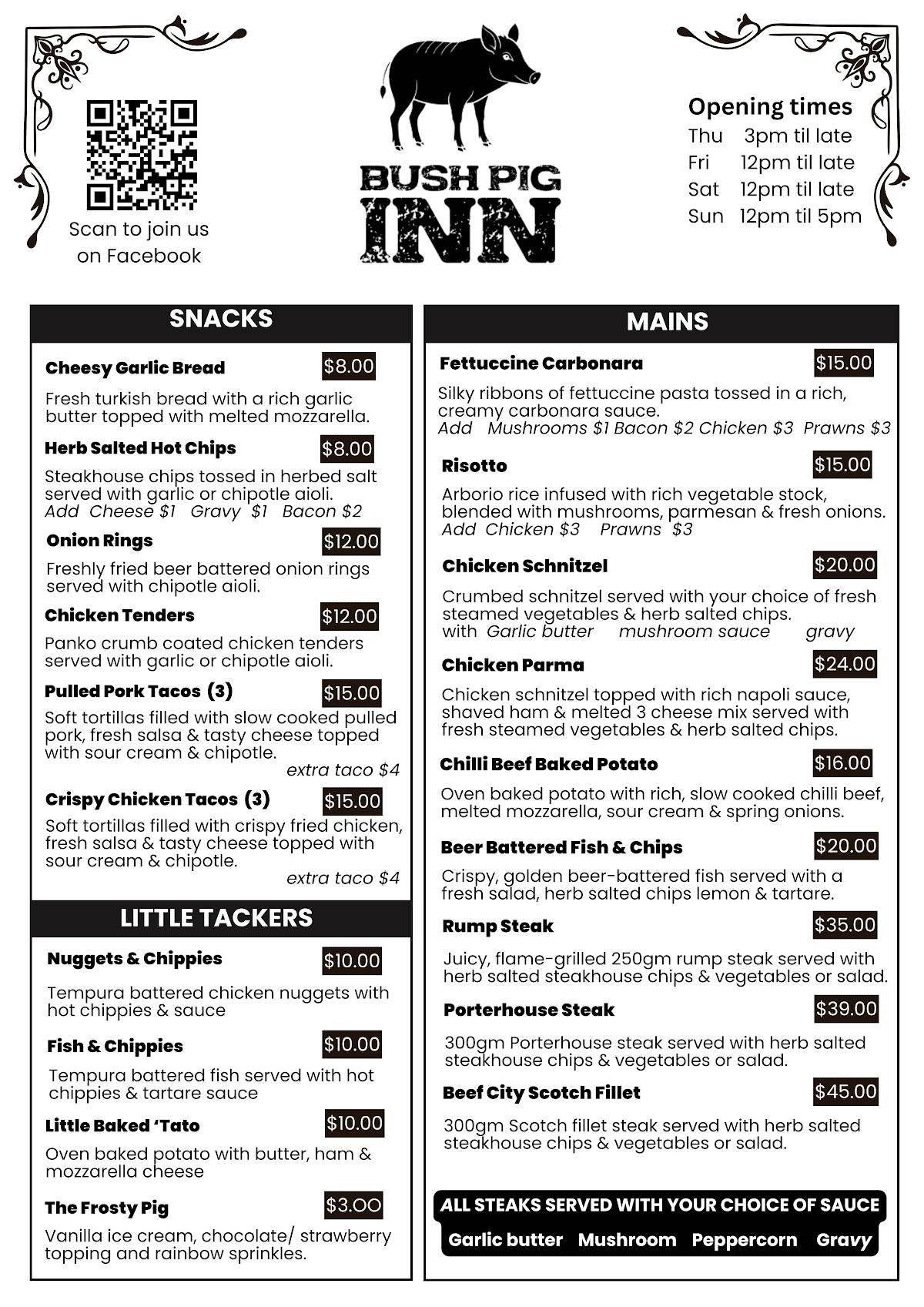 Menu at Bush Pig Inn restaurant, Jackass Flat