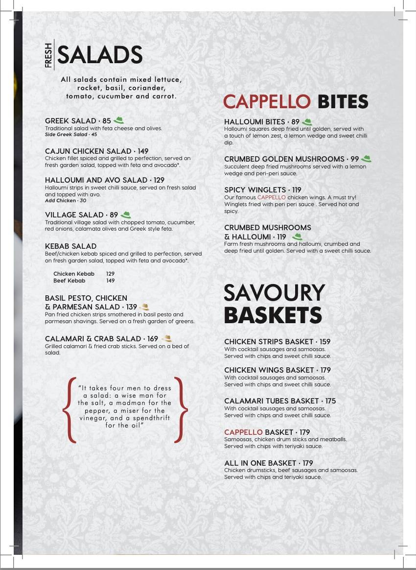 Menu at CAPPELLO NEWTOWN restaurant, Johannesburg, Newtown Junction