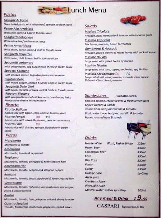 Menu at Capriccio Italiano Restaurant, Sunbury-on-Thames