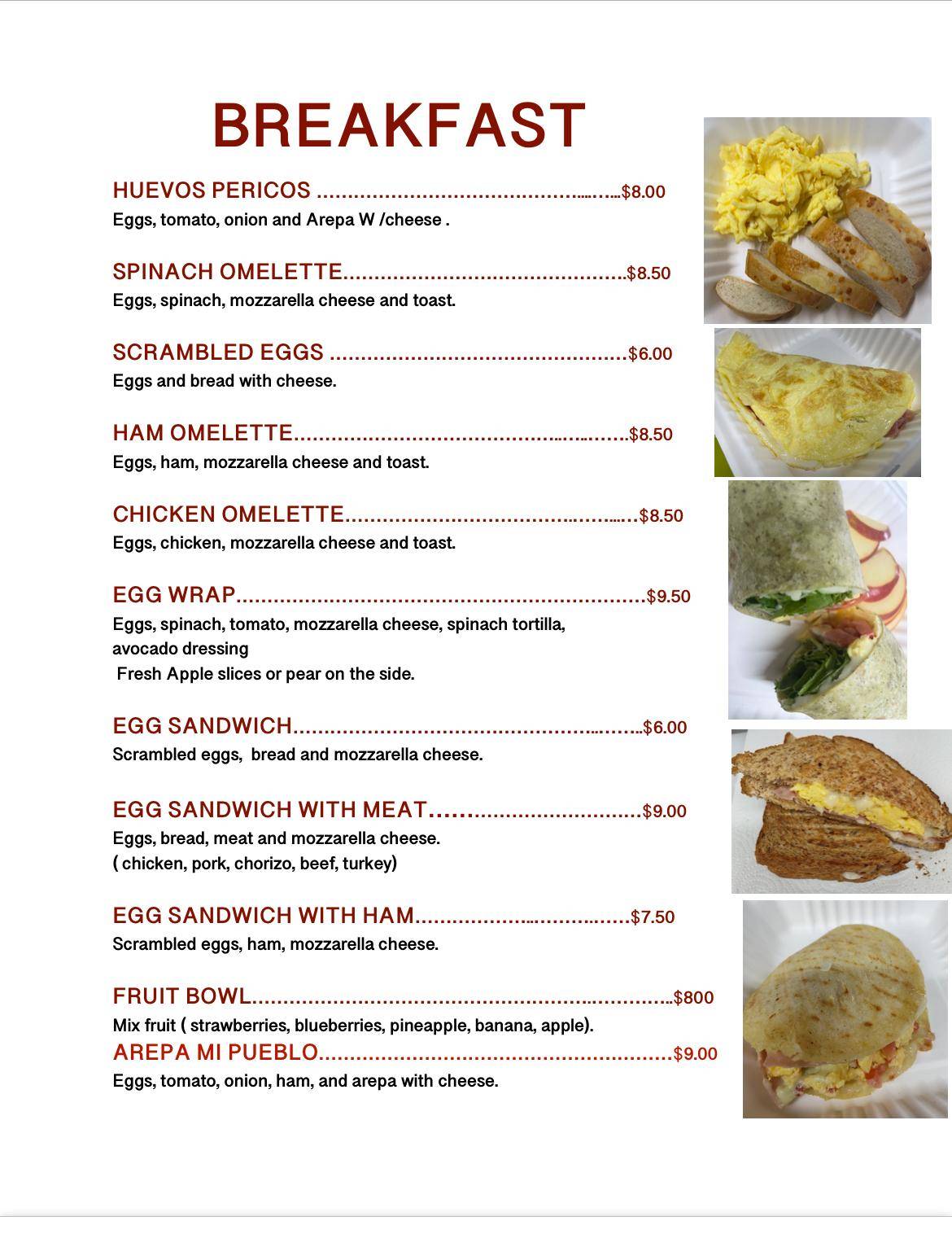 Menu at Café Colombia, Clearwater