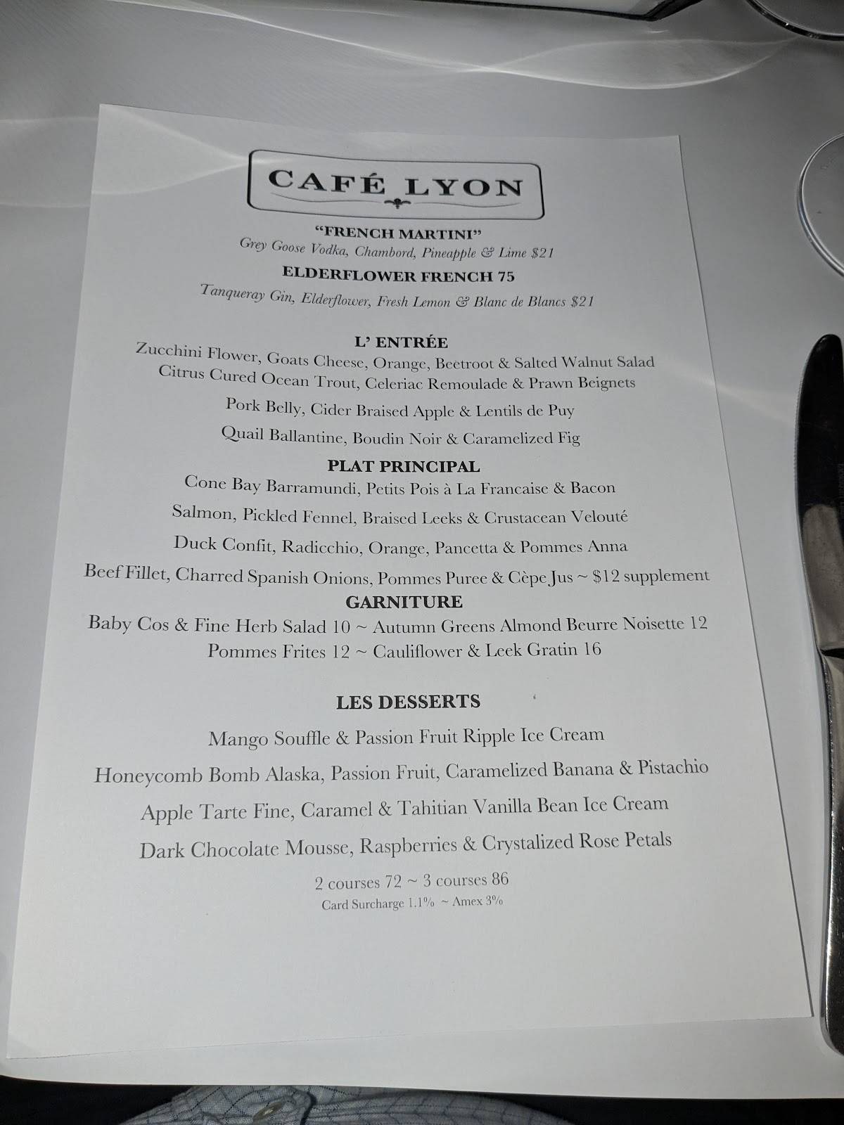 Menu at Café Lyon restaurant, Lindfield