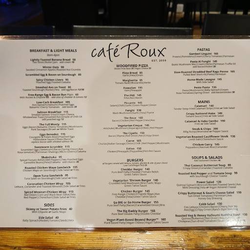 Menu at Cafe Roux - Noordhoek, Cape Town, Chapmans Peak Dr