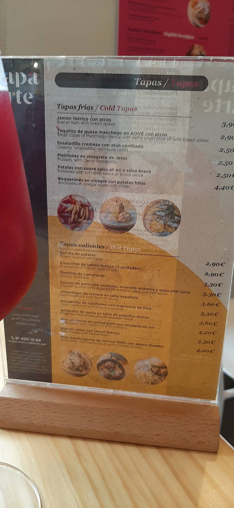 Menu at Café Tapa Arte, Madrid