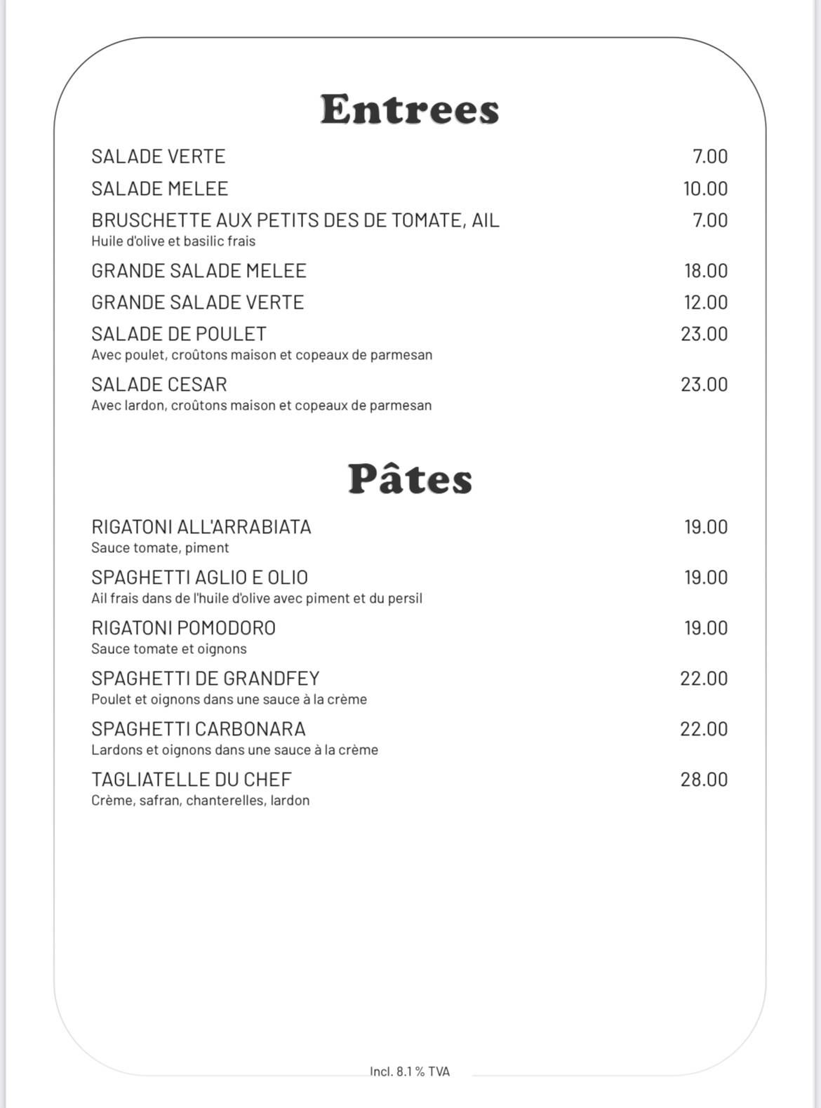 Speisekarte von Café-restaurant de Grandfey, Granges-Paccot