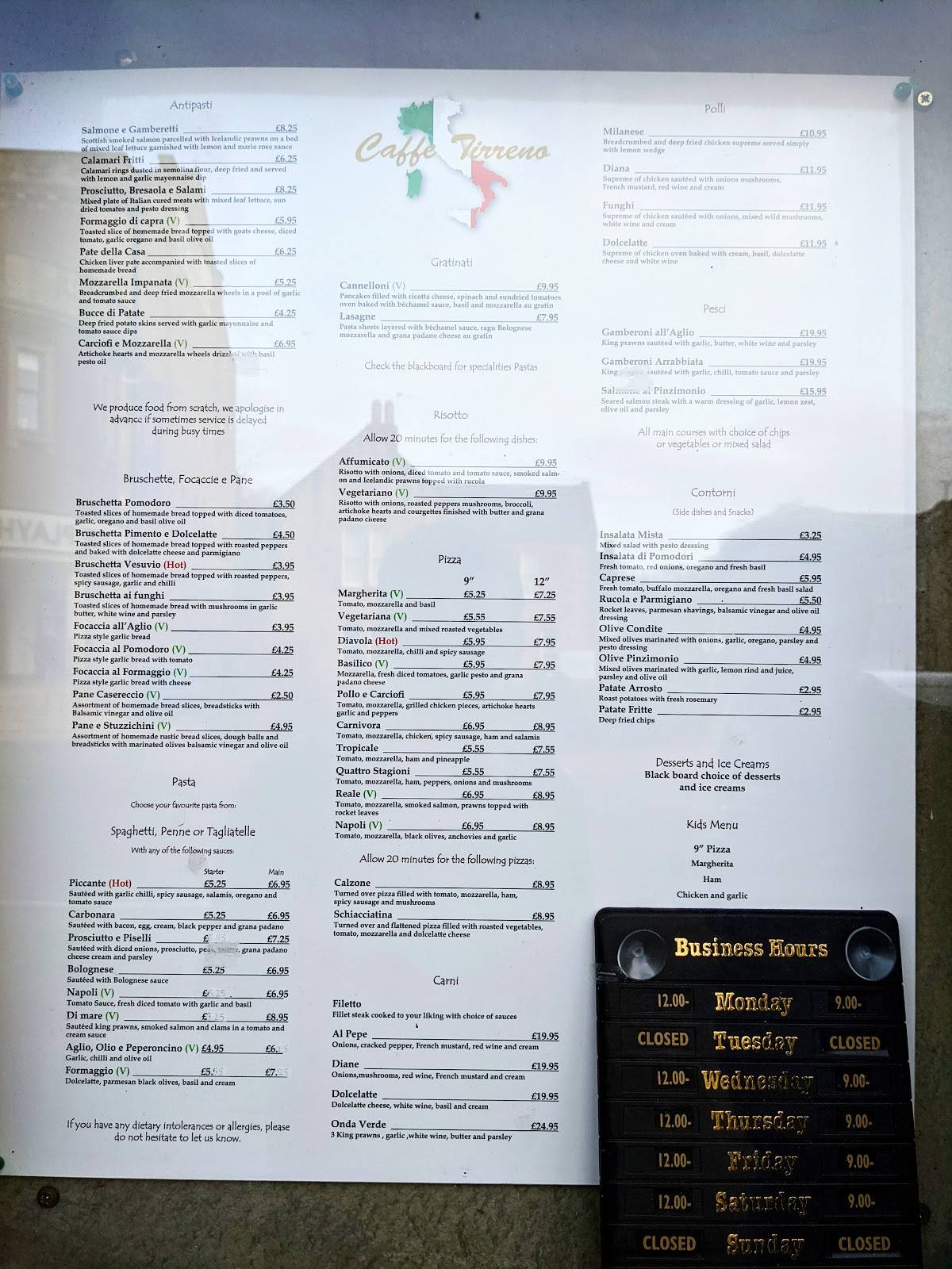 Menu at Caffe Tirreno restaurant, Alnwick