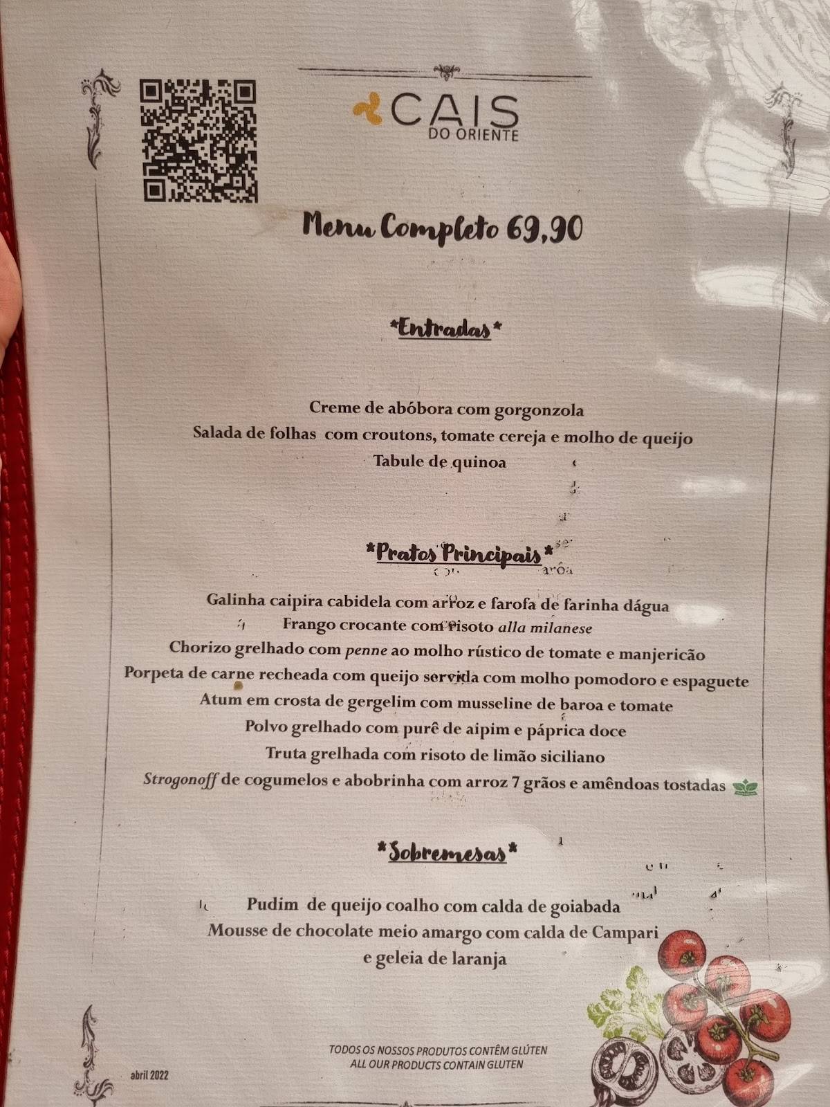 Menu em Cais do Oriente restaurante, Rio de Janeiro, R. Visc. de Itaboraí