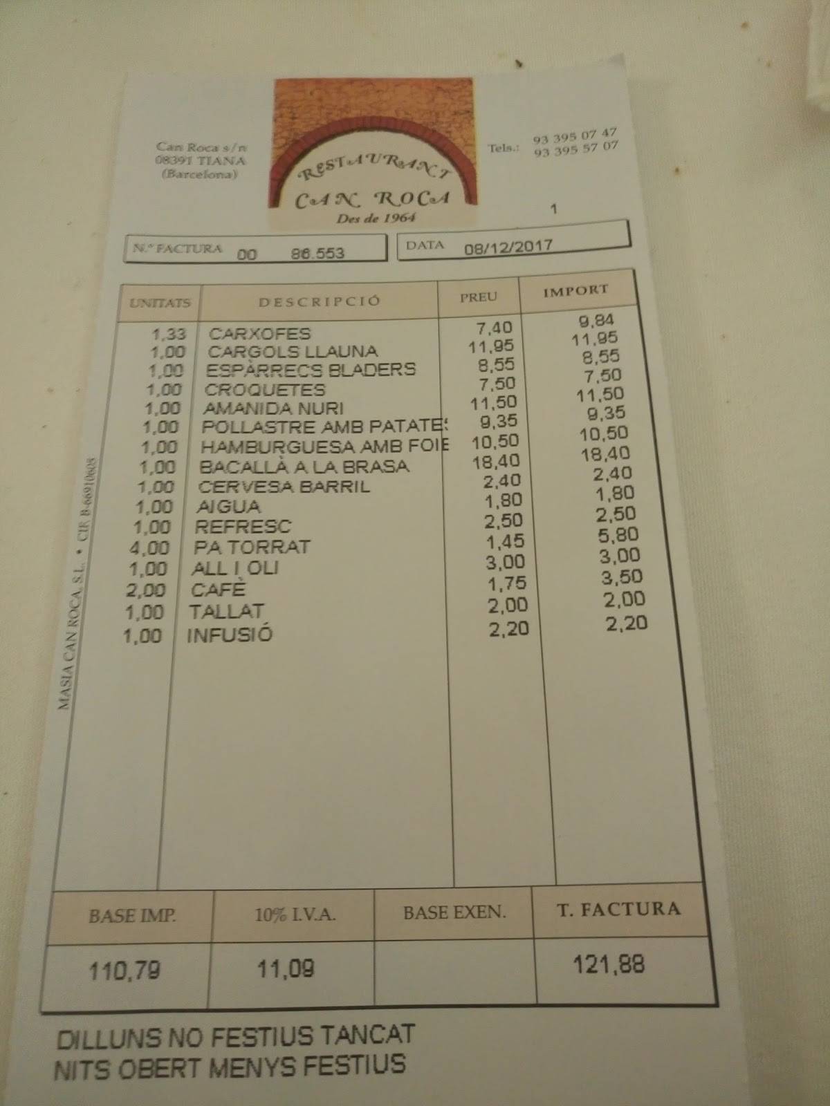 Carta de Restaurant Can Roca, Tiana
