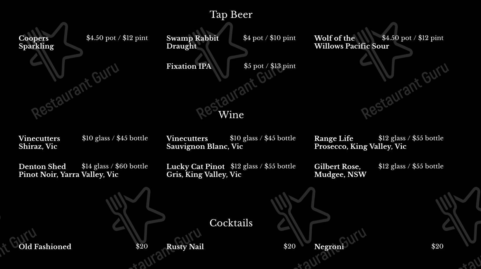 Menu at Canecutters pub & bar, South Yarra