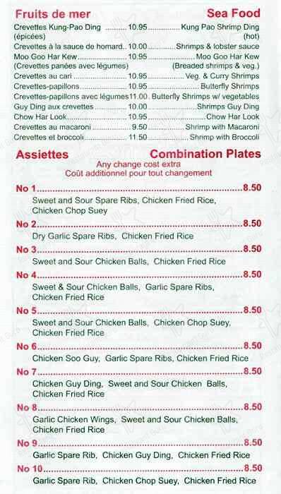 Menu au Restaurant Canton, Gatineau