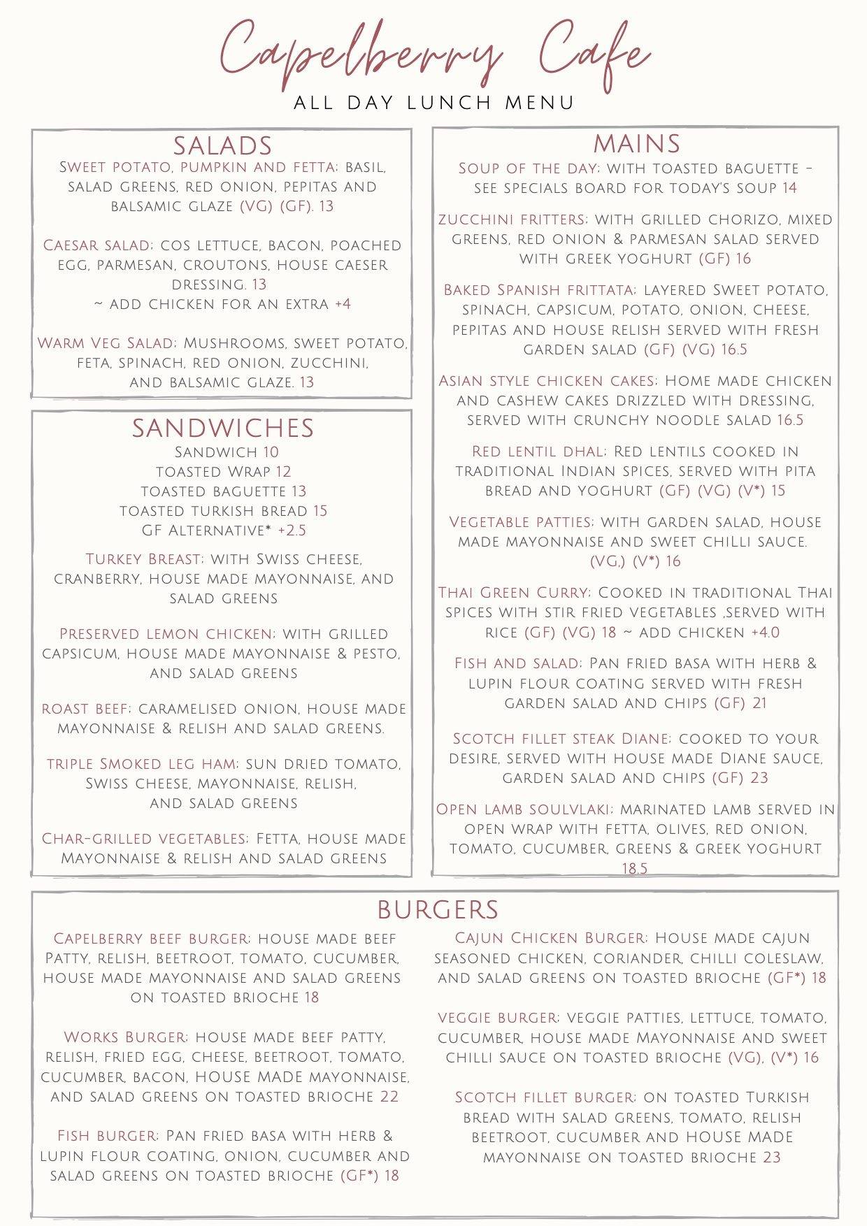 Menu at Capelberry Cafe, Capel