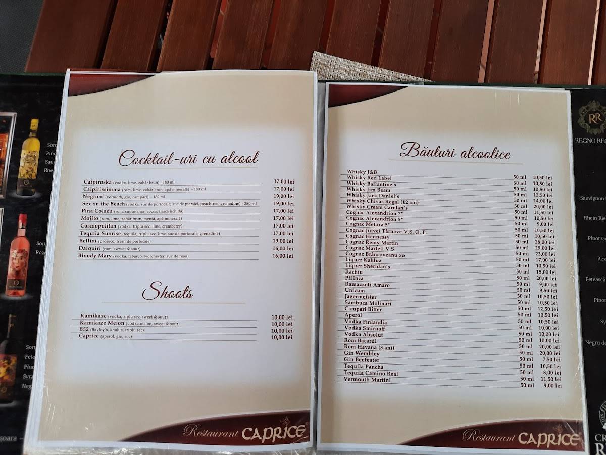 Menu at Restaurant Caprice, Timișoara