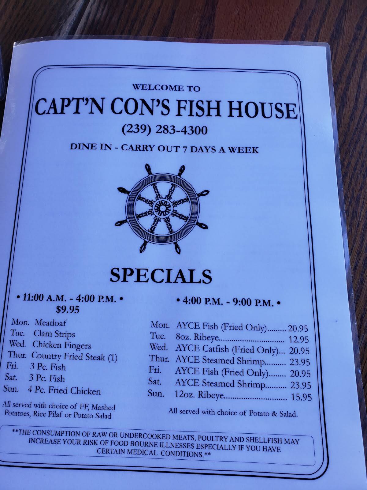 Menu at Capt'n Con's Fish House restaurant, Bokeelia