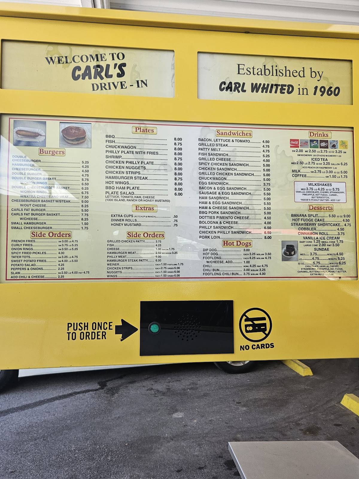 Menu at Carl's Drive In restaurant, Loudon, E Lee Hwy