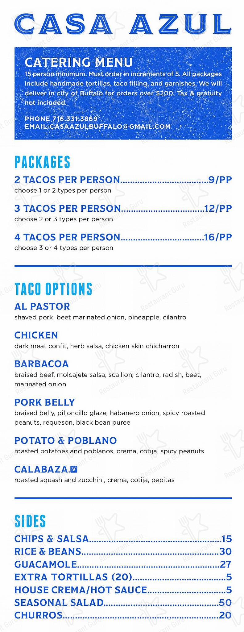 Menu at Casa Azul restaurant, Buffalo, 191 Allen St