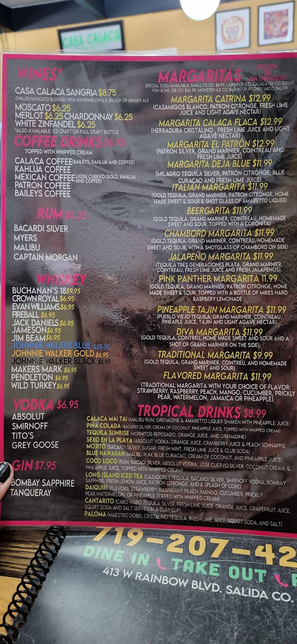 Menu at Casa Calaca restaurant, Salida