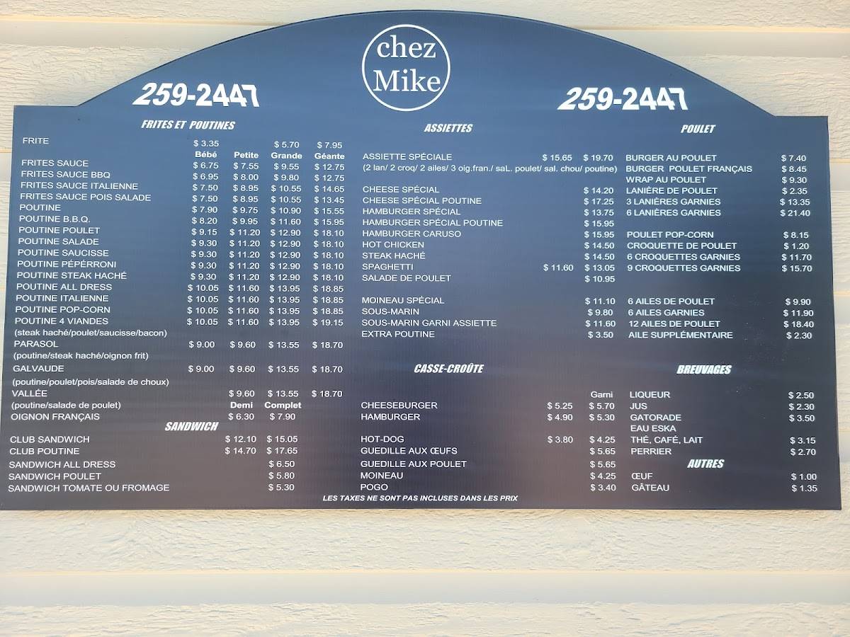 Menu au Casse-Croûte Chez Mike restaurant, Canada, 570 Chem. St François O