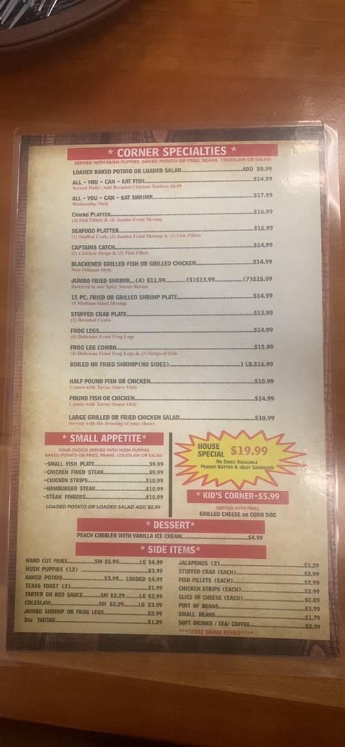 Menu at Catfish Corner restaurant, San Angelo