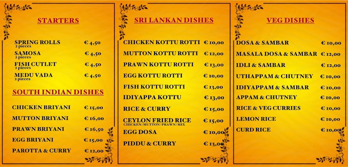 Speisekarte von Restaurant Ceylon - Sri Lankan and South Indian ...