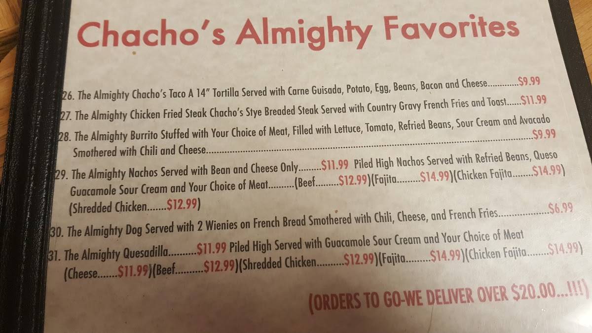 Menu at Chacho's Tacos restaurant, Corpus Christi, Ayers St