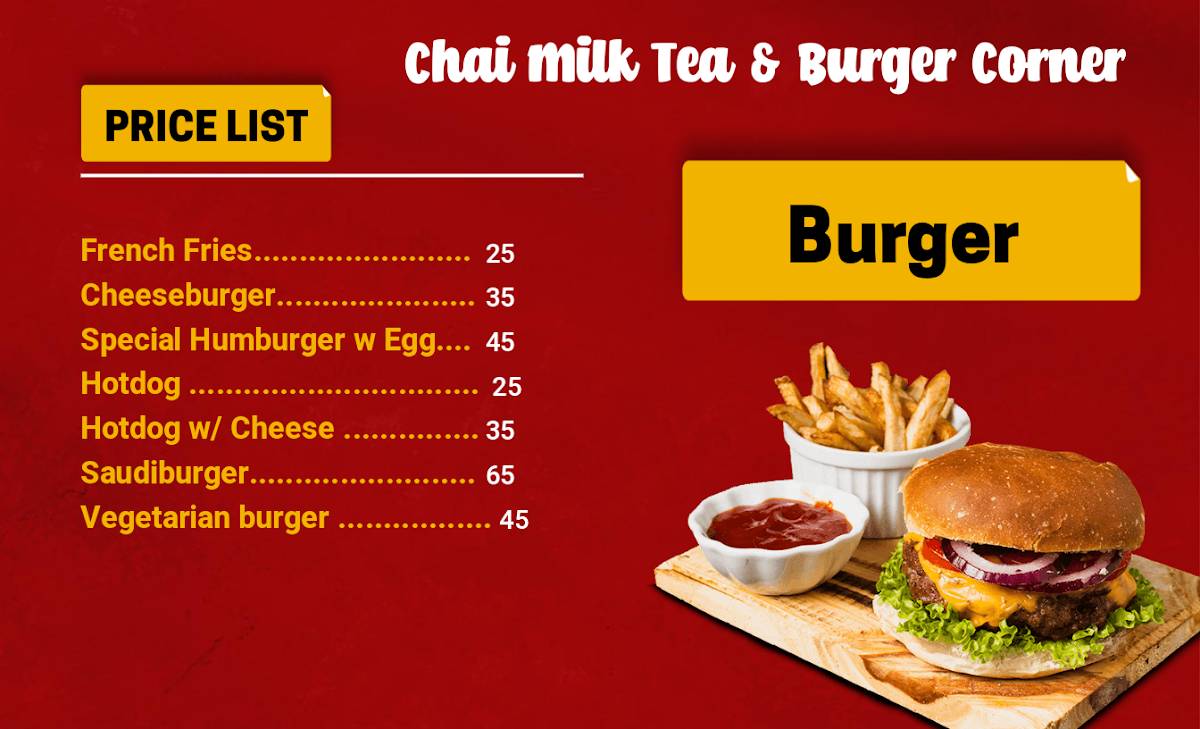 Menu at Chai Milk Tea & Burger Corner, Butuan City