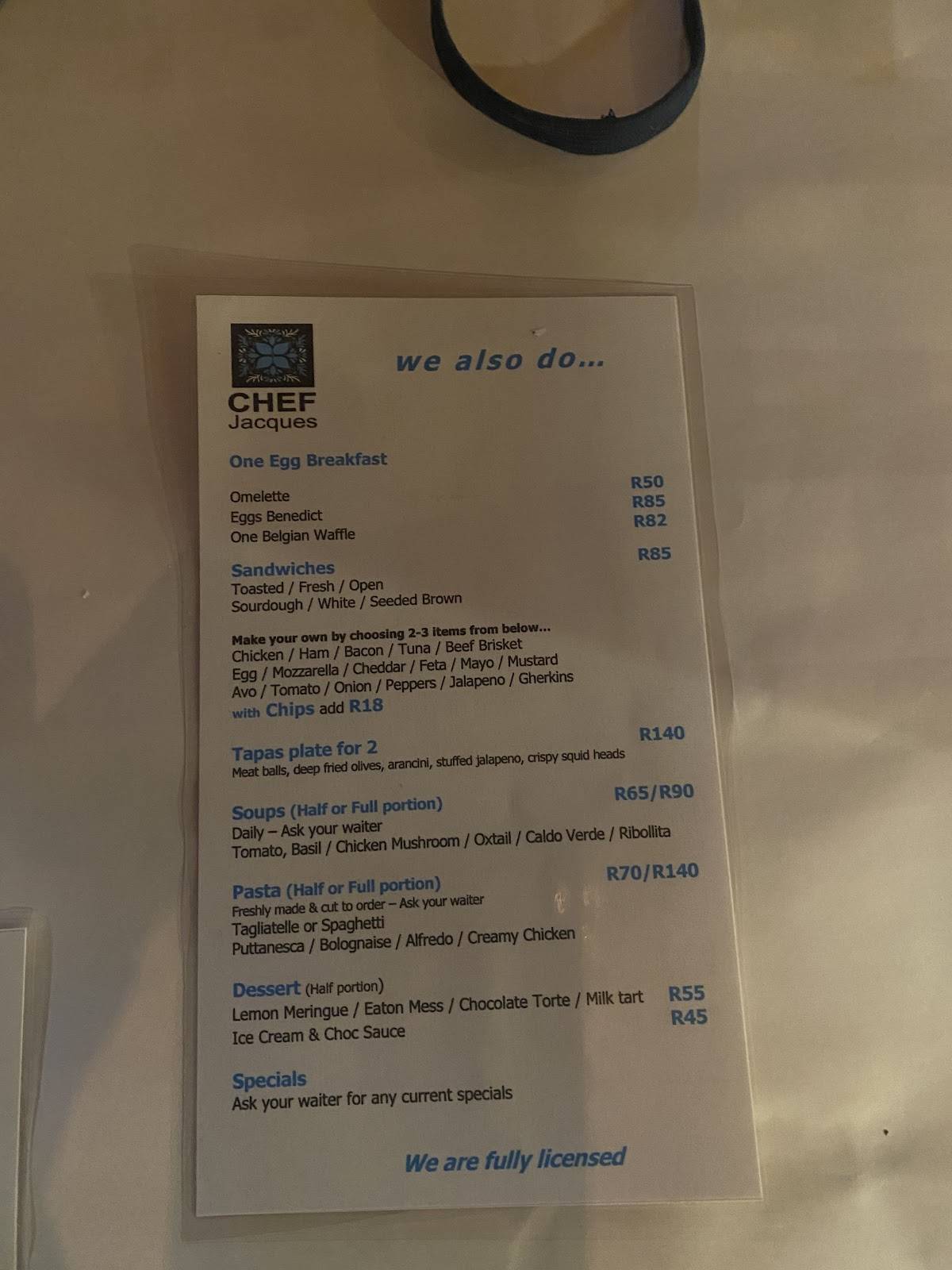 Menu at Chef Jacques restaurant, Roodepoort