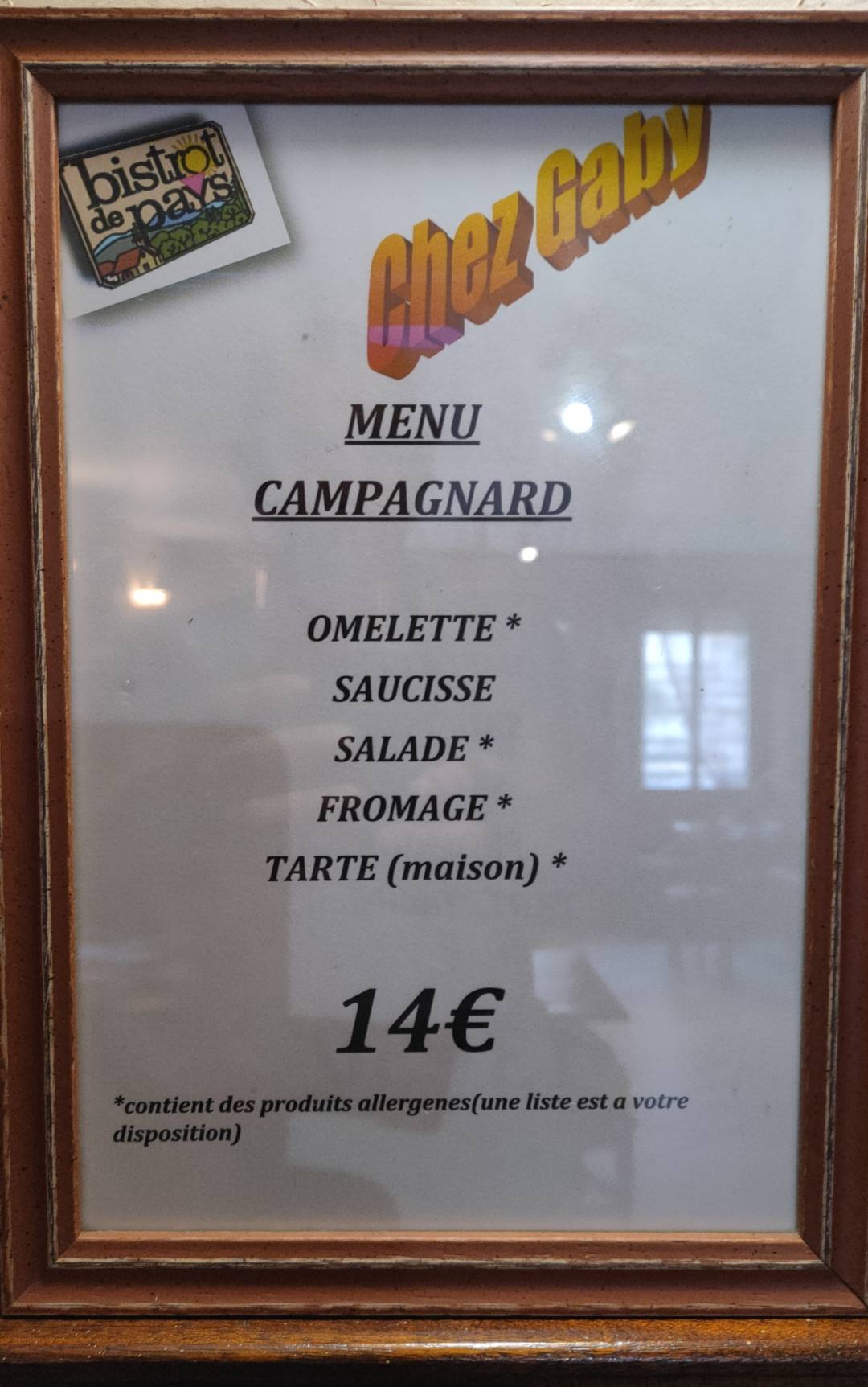 Menu au Chez Gaby restaurant, Beulotte-Saint-Laurent