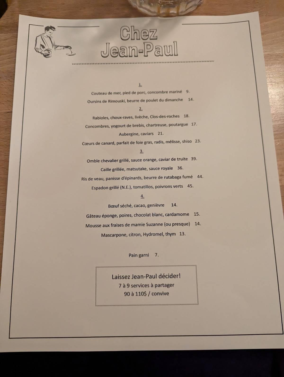 Menu au Restaurant Chez Jean-Paul, Montréal