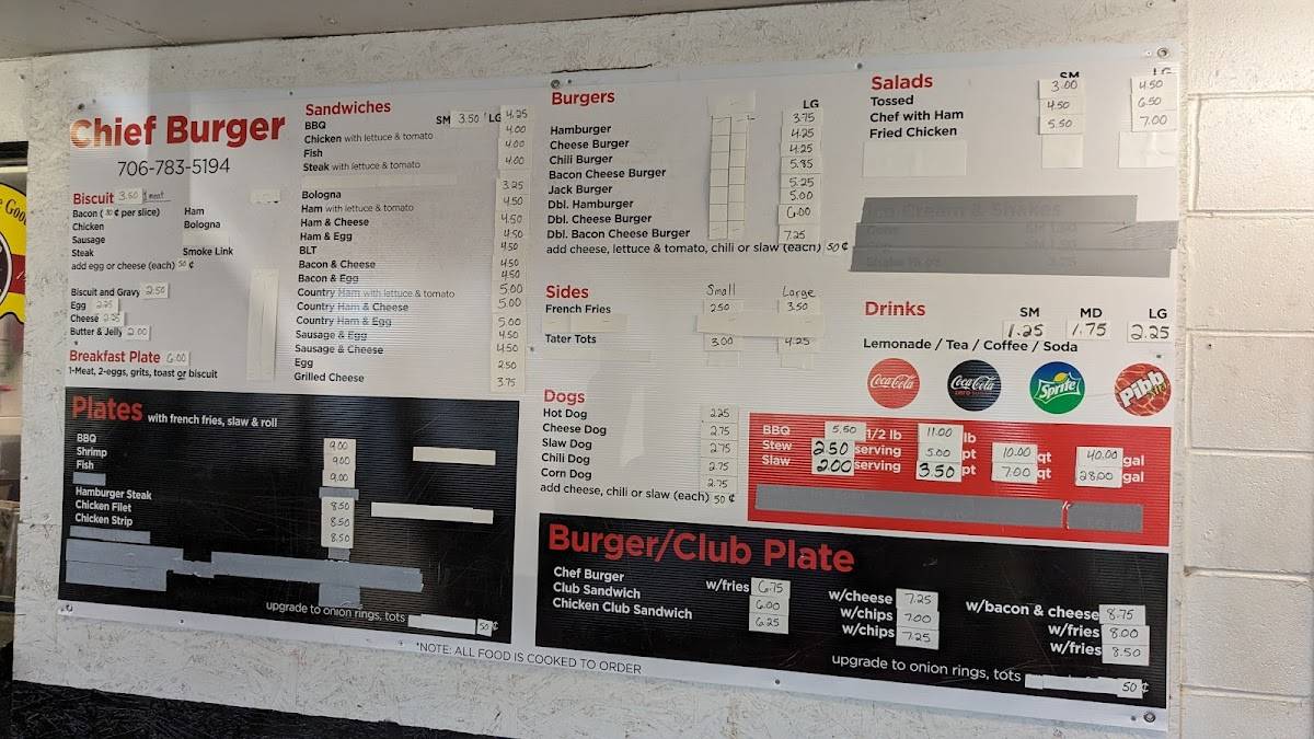 Menu at Chief Burger BBQ, Comer, 476 GA-72
