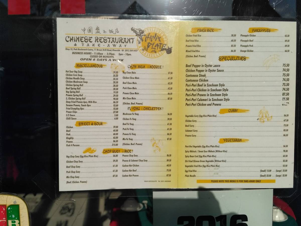 Menu at China Plate restaurant, Durban