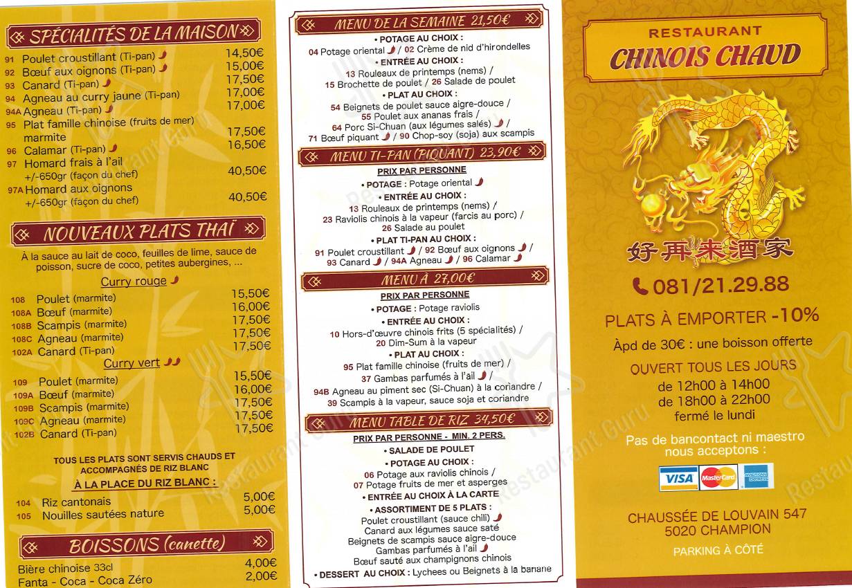 Menu au Restaurant Chinois Chaud, Namur