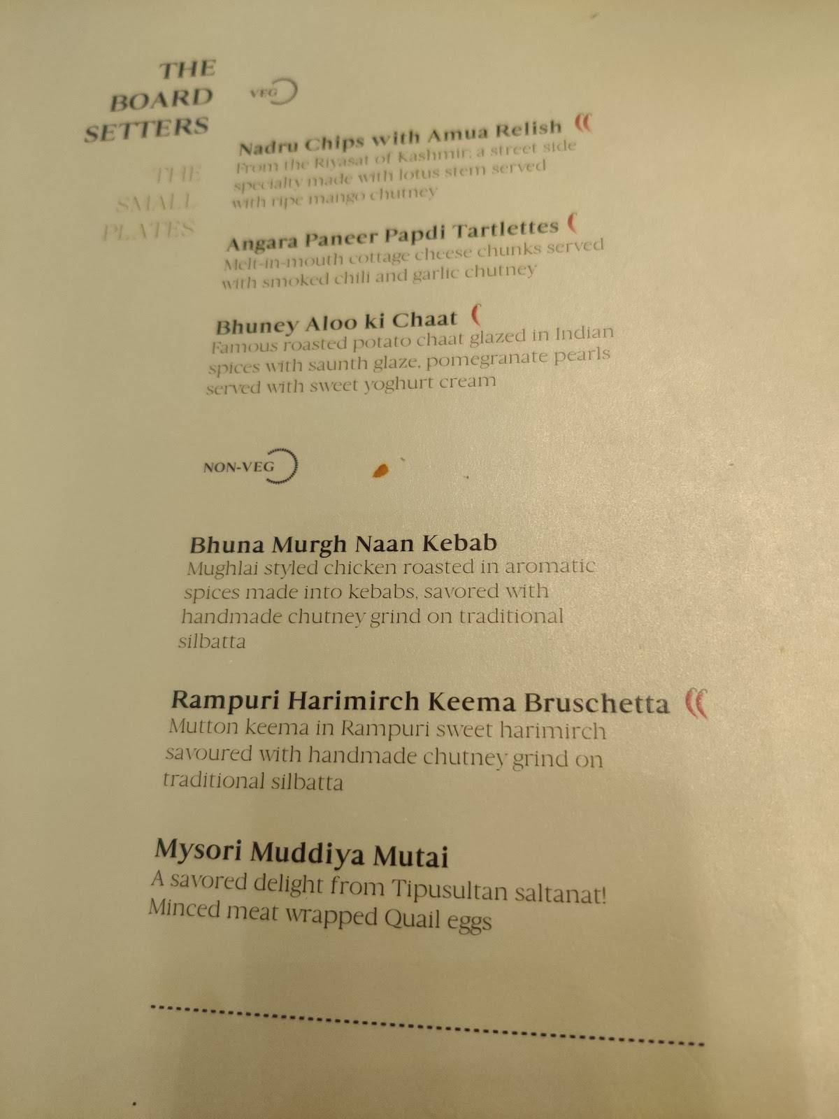 Menu at Chugli, Panchkula