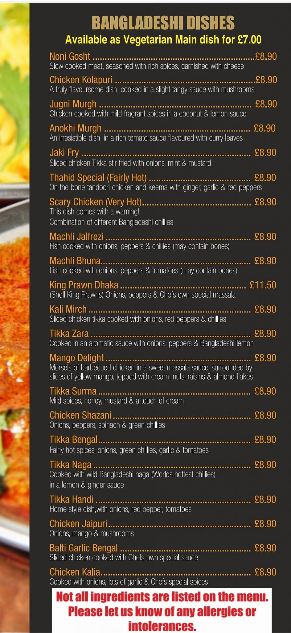 Menu at Chutney Spice restaurant, Chesterfield